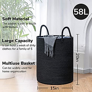Goodpick Black Woven Rope Laundry Basket, Tall Modern Laundry Hamper for Clothes, Blankets, Toys, Towels, Pillows, Laundry Bin for Living Room, Bedroom, Entryway, 15 x 20 inches, 58L