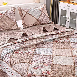 VIVILINEN Patchwork Quilt Set Full Queen Size 3-Piece Pink Floral Reversible Quilted Bedspread Coverlet Set Lightweight Stitched Comforter Bedding Set Bed Sheet Set Cover Blanket with 2 Pillow Shams