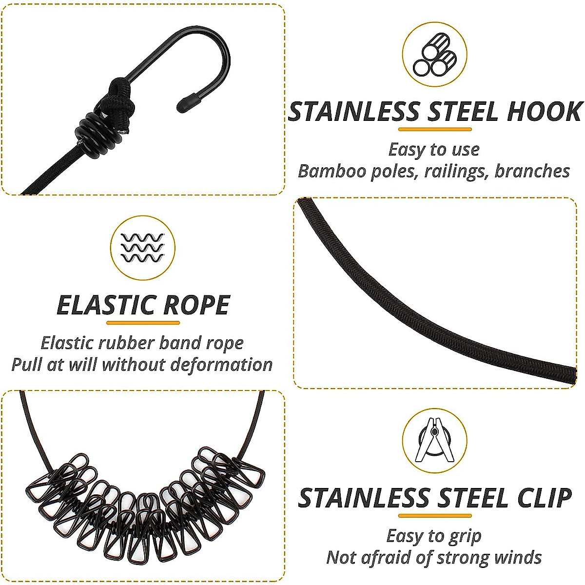 LUKEYLAND Portable Travel Clothesline,Adjustable Elastic Travel Camping Clothes line with 12 PCS Clips and 14 Positioning Clasp Windproof Clothesline Travel Camp（2pcs）