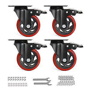 Casters,4 Inch Caster Wheels, Casters Set of 4 Heavy Duty,Red Polyurethane Castors, Safety Dual Locking casters with Brake, Swivel Wheels Industrial Casters for Furniture and Workbench