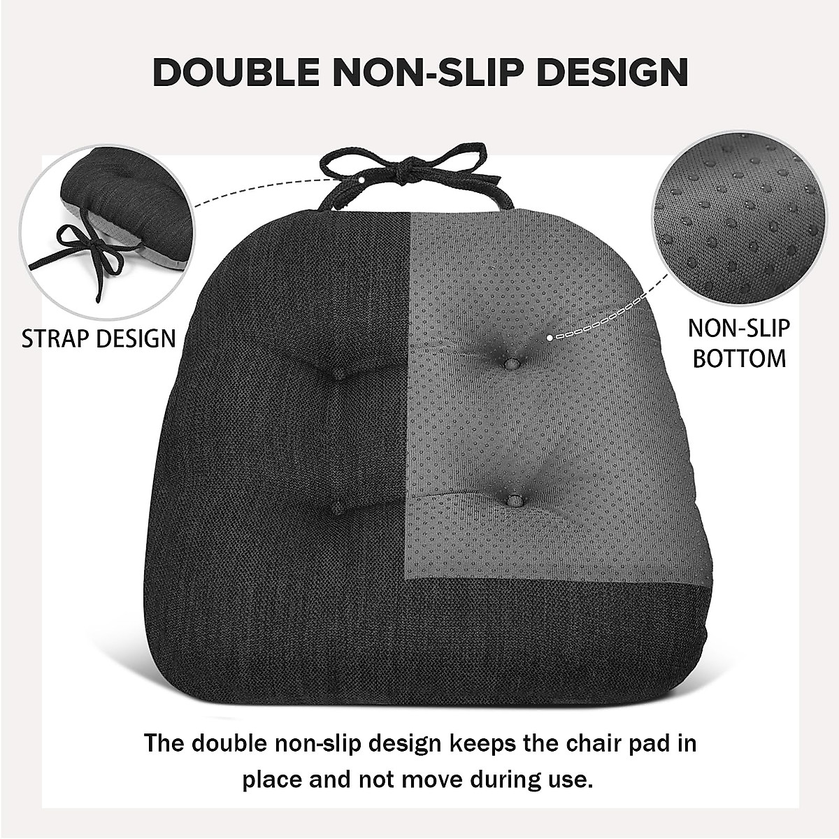 baibu 14×14 Metal Dining Chair Pads with Ties Set of 2, Super Soft Kitchen Chair Cushions Bar Stool Cushions with Non-Slip Bottom - 2 Cushions only (Black, 14×14×2.5in)