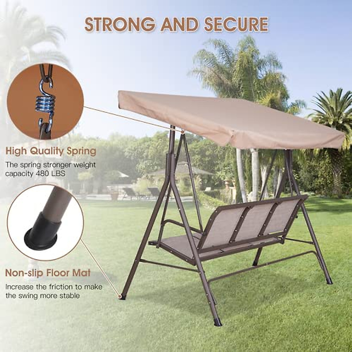 FUZOFUIZ 3 Person Outdoor Patio Swing,Steel Frame Textilene Seats Steel Frame Swing Chair,Beige