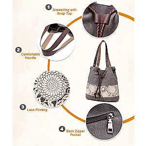 Women Printing Canvas Shoulder Bag Casual Hand Bags Purse Retro Tote Bags (Black) Medium