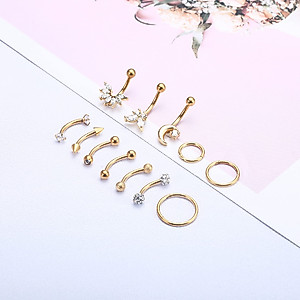 Ubjuliwa 12pcs 16G Rook Piercing Jewelry Eyebrow Rings Stainless Steel Belly Lip Ring Cartilage Hoop Rook Daith Earrings Tragus CZ Body Piercing Curved Barbell