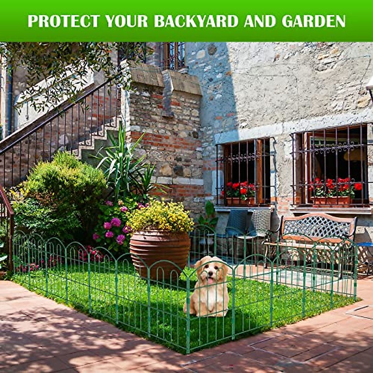 10 Pack Decorative Green Garden Fence Outdoor 24'' (H) x 10' (L) Coated Metal RustProof Landscape Wrought Iron Wire Border Folding Fences Flower Bed Fencing Animal Barrier Section Panels Decor