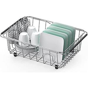 Large Sink Dish Drying Rack, Expandable 304 Stainless Steel Metal Dish Drainer Rack Organizer Shelves with Stainless Steel Utensil Holder Over Inside Sink, Rustproof