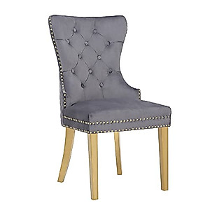Velvet Upholstered Dining Chairs Set of 2, Modern Dining Room Tufted Chairs, Armless Accent Chair with Wing Back, Back Pull Ring, Nailhead Trim and Gold Legs for Dining Room and Kitchen, Dark Gray