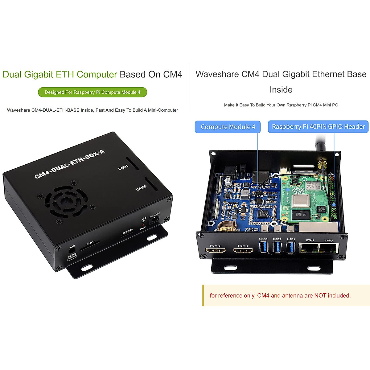 waveshare Dual Gigabit Ethernet Mini-Computer Based on Raspberry Pi Compute Module 4 (NOT Included), CM4 Dual ETH Base Inside, Metal Case, with Cooling Fan, Fast and Easy to Build a CM4 Mini PC