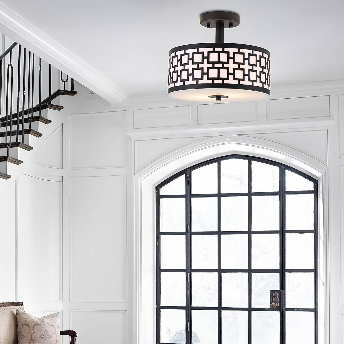 Sheenkarion Black Semi Flush Mount Ceiling Light,Modern Ceiling Drum Lighting Fixtures with Round Metal and Glass Shade for Bedroom Hallway Kitchen Dining Living Room Foyer Entry