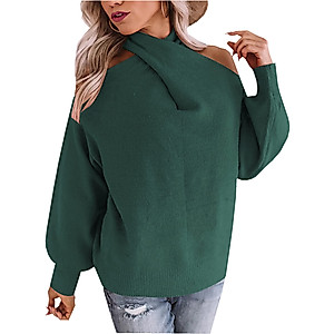 Angashion Women's Sweaters Casual Off Shoulder Tops Crossed V- Neck Long Sleeve Crop Halter Pullover Dark Green Small