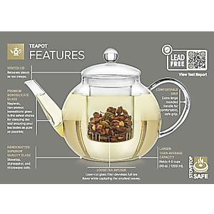 Teabloom Stovetop & Microwave Safe Glass Teapot (40 OZ) with Removable Loose Tea Glass Infuser – Includes 2 Blooming Teas – 2-in-1 Tea Kettle and Tea Maker