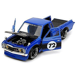 1972 Datsun 620 Pickup Truck #72 Blue Metallic with Black Stripes and Hood Toyo Tires with Extra Wheels Just Trucks Series 1/24 Diecast Model Car by Jada 34193