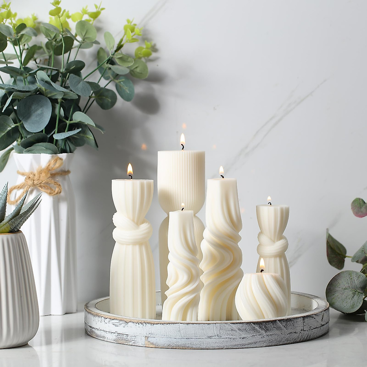 Threlaco 6 Pcs Small Pillar Candles Aesthetic Candle Modern Ribbed Candles Set Cute Soy Wax Scented Ribbed Candle Twirl Geometric Decorative Candles for Home Decor for Living Room Bathroom(White)