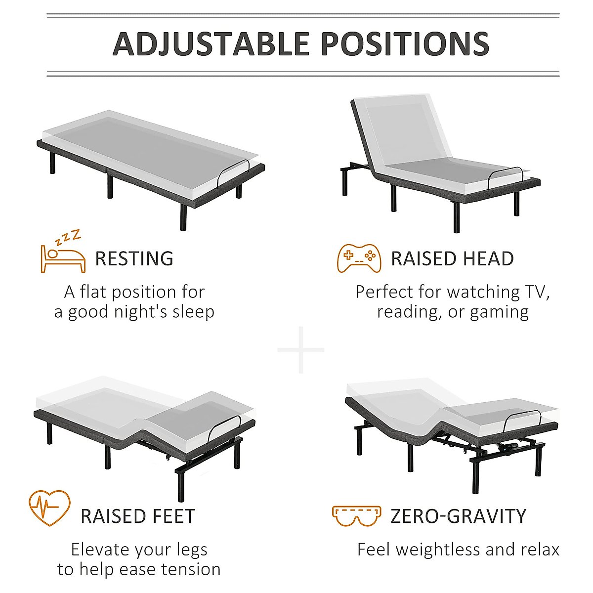 HOMCOM Twin XL Adjustable Bed Frame, Ergonomic Zero Gravity Power Bed Base with Head and Foot Incline, Memory, and Wireless Remote, Gray