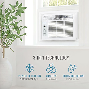 Keystone 5,000 BTU Window Air Conditioner and Dehumidifier, Window AC Units for Apartment, Living Room, Bathroom, and Small Rooms up to 150 Sq.Ft., Quiet Window Air Conditioners with Remote Control