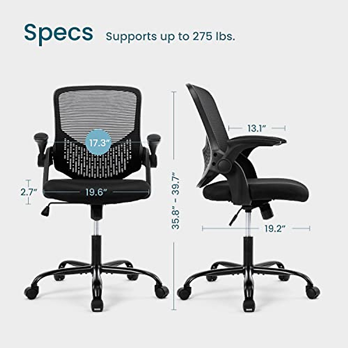 Office Chair, Desk Chairs Mesh Computer Desk Chair with Wheels Ergonomic Office Chair Height Adjustable Swivel Task Chair with Mid Back, Flip-up Arms and Lumbar Support, Black