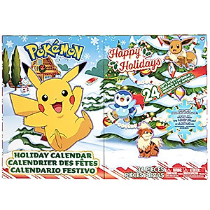 Pokemon Holiday Advent Calendar for Kids, 24 Piece Gift Playset - Set Includes Pikachu, Eevee, Jigglypuff and More - 16 Toy Character Figures & 8 Christmas Accessories - Ages 4+