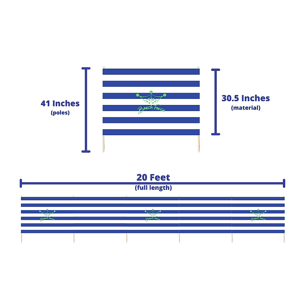BEACH FENCE Premium 20 ft Beach Windscreen, Privacy Screen, Wind Blocker - Original Nautical, Free Rubber Mallet and Carry Bag Included
