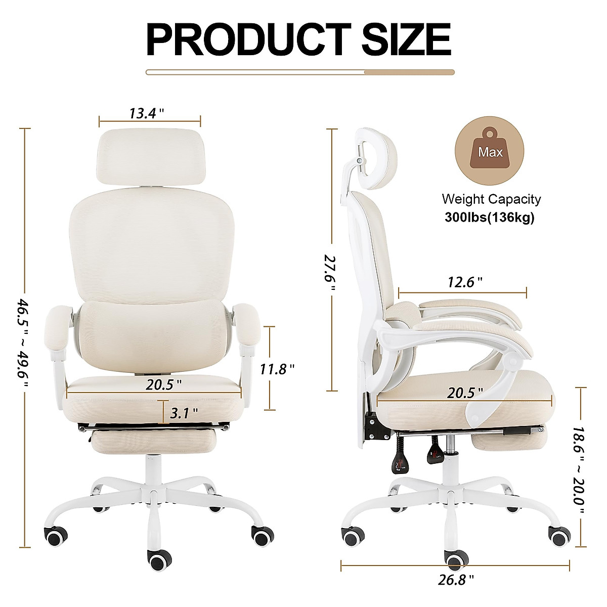 BOWTHY Ergonomic Office Chair with Footrest,Mesh Home Office Desk Chair with Adjustable Lumbar Support & Headrest,90-135 Comfy Reclining Chair,High Back Computer Executive Chair,360 Swivel Task Chair