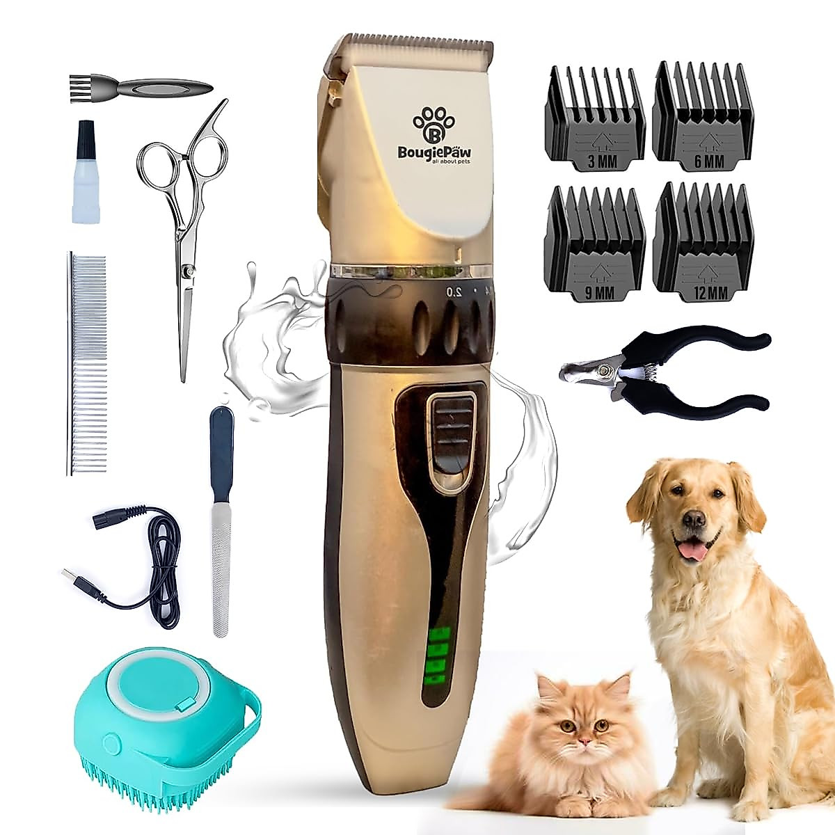 BougiePaw Dog Grooming Kit – Low Noise Cat & Dog Hair Trimmer with Pet Nail Cutter | Cordless Dog Clippers for Grooming Thick Coats with Bath Brush, & Shaver with Scissors for Dogs Cat Animal