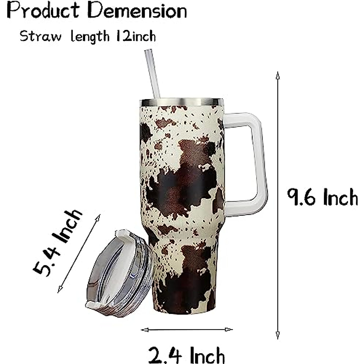 TINVSKQQKJ 40oz Cow Insulated Tumbler With Straws and Lid,Stainless Steel Coffee Tumbler with Handle Double Vacuum Leak Proof Travel Coffee Mug Cup Water Bottle For Office, Party,Home