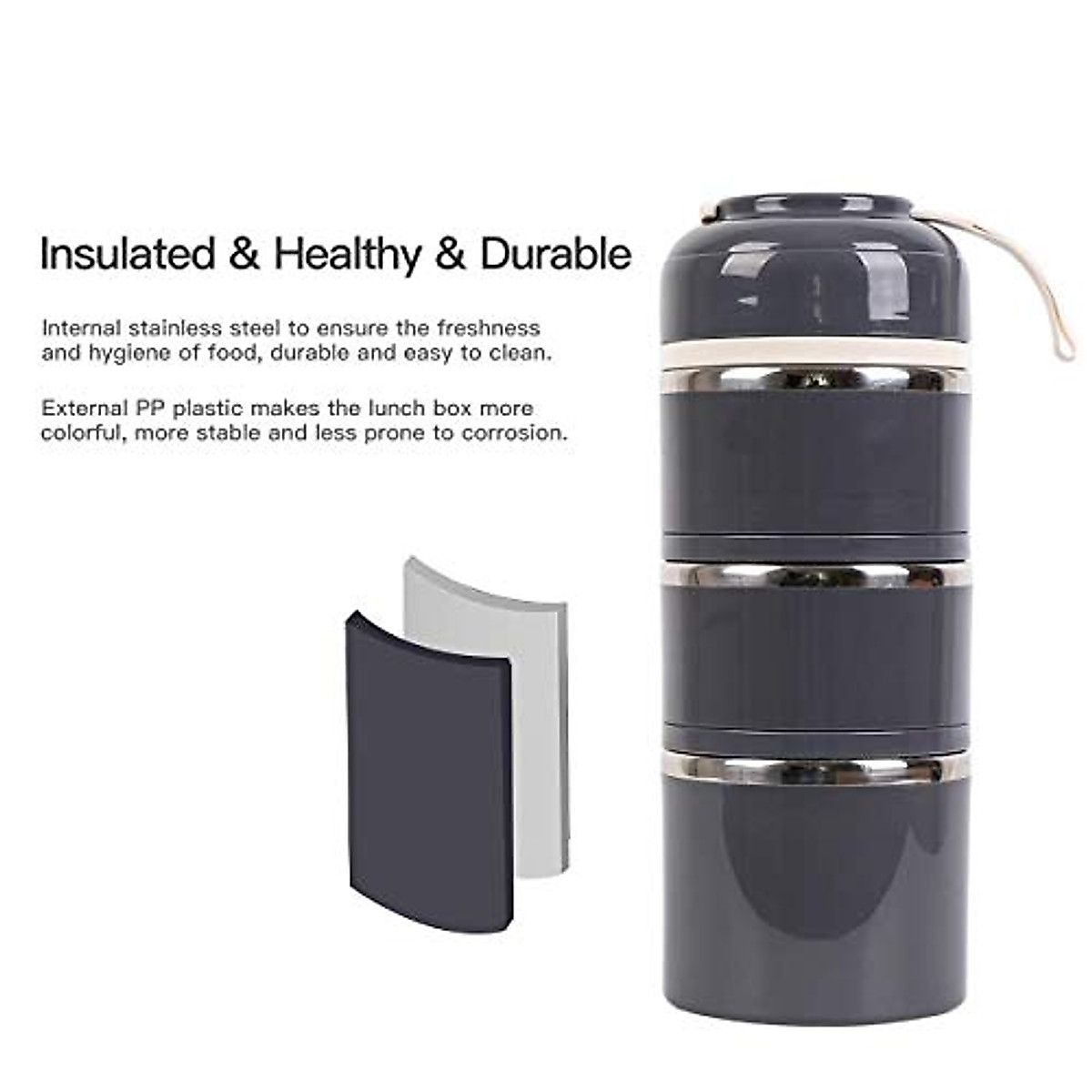 HOMESPON Cute Lunch Box Insulated Lunch Bag Bento Box Food Container Storage Boxes With Spoon For Adults Office Camping (3 Tiers(grey)) …