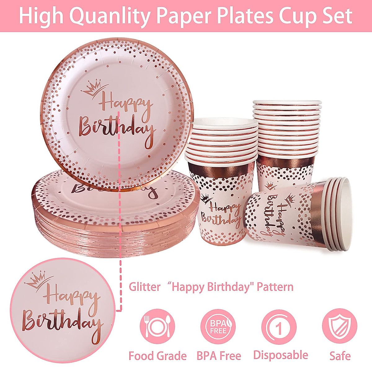 100Pcs Pink Birthday Plates rose gold plates and napkins party supplies for Girl Women