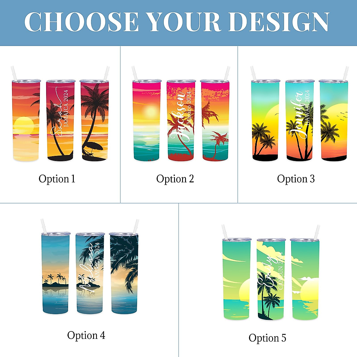 Personalized Family Vacation Tumblers With Name, Custom Palm Tree Beach Skinny Coffee Tumbler, Girls Trip Cups With Lid And Straw, Customized Group Destination Vacation Matching Cup