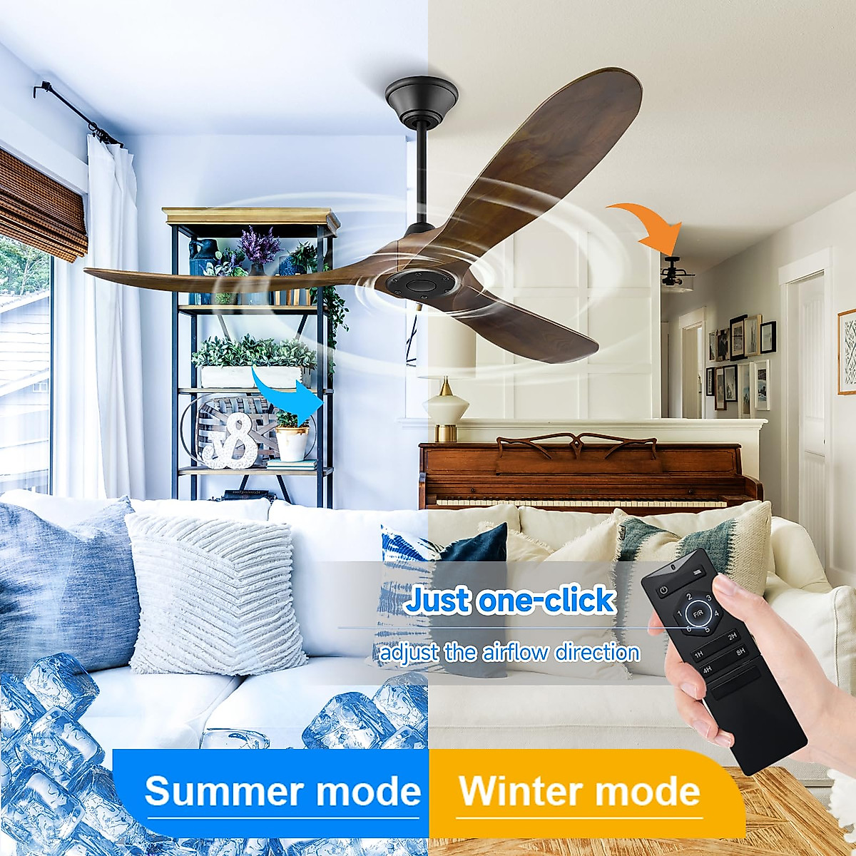 HDLWIS 60Inch Wood Ceiling Fan without Light, 3 Blade 6 Speed Quiet Reversible DC Motor Ceiling fan with Remote Control, Large Outdoor Ceiling Fans for Patios Outside Farmhouse, 5/10/24In Down-rod