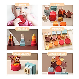 ibwaae Soft Silicone Stacking Toys Set 15 Pcs Natural Rainbow Color Nesting Cups and Silicone Stacking Cups Montessori Toy for Baby（Wooden Base）