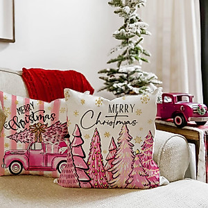 CARRIE HOME Pink Christmas Decor Pink Christmas Truck Tree Pillow Covers 18x18 Set of 2 Merry Christmas Outdoor Throw Pillows 18 x 18 for Porch and Couch (No Pillow Inserts)