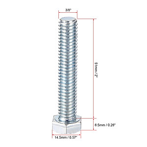 uxcell Hex Head Screw Bolts Carbon Steel 3/8"-16x2" Fastener Grade 5 UNC 5pcs