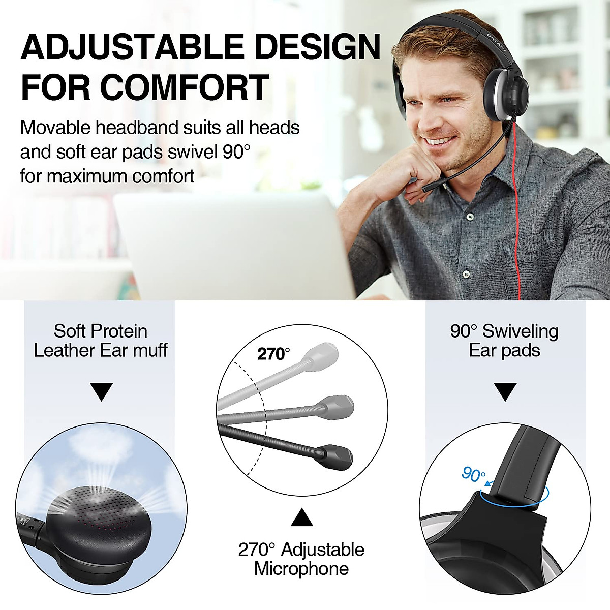 DATAFY USB Headset with Microphone for PC, in-line Wired Computer Laptop Headphones with Noise Cancelling Microphone, Business Headset for Home Office, Online Class Skype Zoom, Foldable On Ear Design
