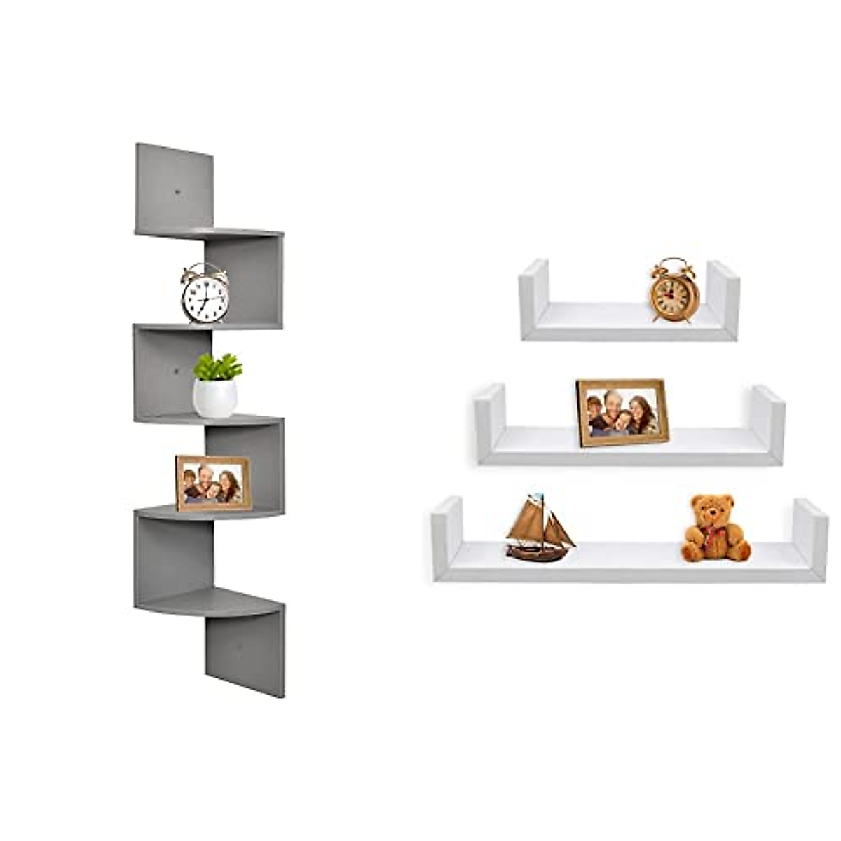 Greenco 5 Tier Wall Mount Corner Shelves Gray Finish & Set of 3 Floating “U” Shelves, Easy-to-Assemble Floating Wall Mount Shelves for Bedrooms and Living Rooms, White Finish