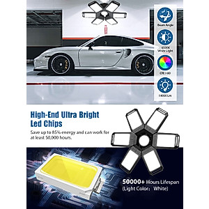 Led Garage Lights 2 Packs, 180W 18000Lm Deformable Triple Glow Garage Lighting with 6 Adjustable Led Panels, E26 Ceiling Light, Led Shop Lights for Garage, Warehouse, Basement Workshop, Yard