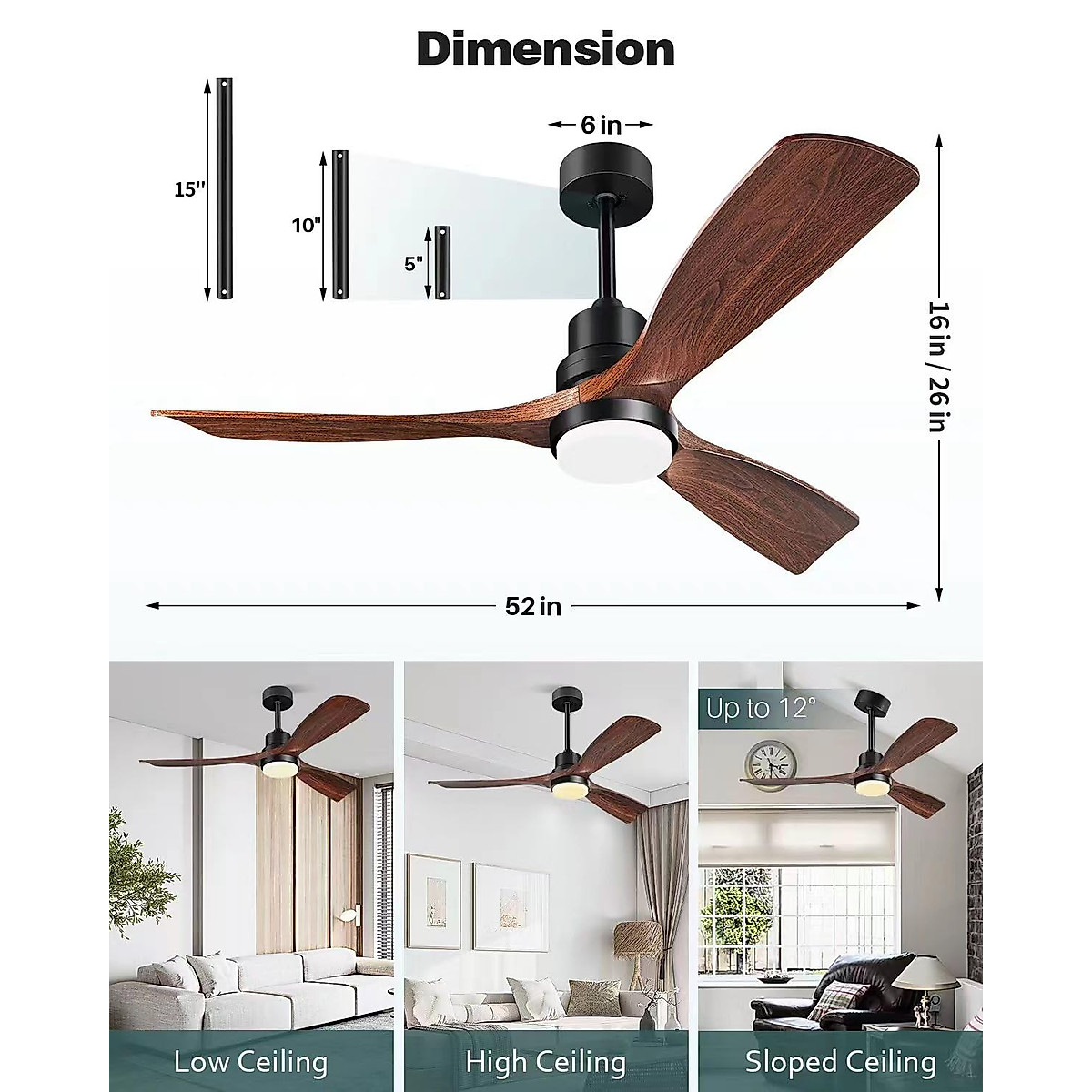 Forrovenco Ceiling Fans with Lights and Remote, 52 Inch Outdoor Ceiling Fan for Patios with Light 3 Downrods, 3 Blades Modern Ceiling Fan Noiseless Reversible DC Motor, Wood Fan for Farmhouse