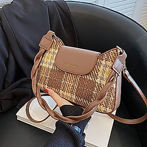 RTGGSEL Trendy Women‘s Lattice Plaid Striped Woolen Saddle Crossbody Shoulder Handbags Underarm Satchel Tote Clutch Purse Hobo Bag (Coffee)