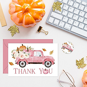 Whaline 24 Pack Fall Thank You Cards Bulk Pink Truck Pumpkin Floral Greeting Cards with Envelopes Stickers Blank Note Cards for Autumn Thanksgiving Wedding Bridal Baby Shower
