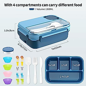 Bento Box, Lunch Box Kids, Bento Lunch Box for Kids/Toddler/Adults, 1300ML-4 Compartment Bento Box Adult Lunch Box w/Food Picks Cake Cups, Built-in Utensil Set, Leak-Proof, Food-Safe Materials(Blue)