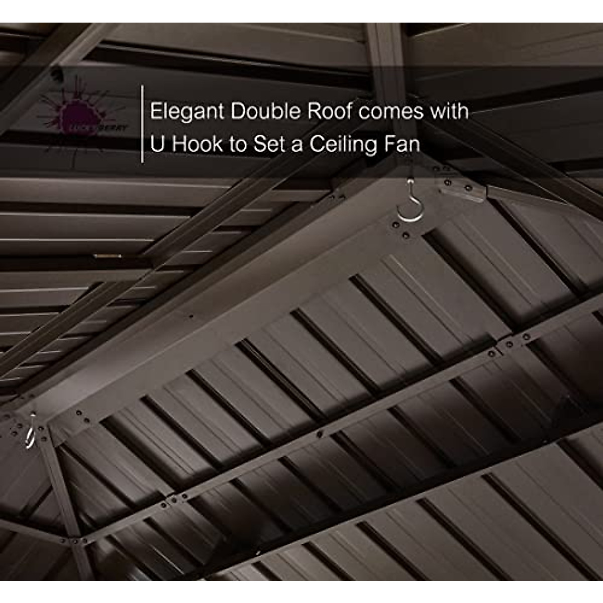 LUCKYBERRY 10' X 12' Outdoor Hardtop Galvanized Steel Roof Double Top Permanent Gazebo Canopy Curtains Aluminum Frame Patio Garden Gazebo with Netting