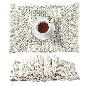 Folkulture Macrame Placemats Set of 6 for Home Decor, 12"x18", Modern Boho Place Mats for Farmhouse, Decorative Bohemain Table Mats for Rustic Table Decor or Wedding Decor, 100% Cotton, Off-White