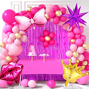 PLULON Pink Princess Balloon Garland Arch Kit with Hot Pink Tassel Plastic Tablecloth Pink Gold Metallic Balloons for Kids Girls Birthday Party Bridal Baby Shower Wedding Decorations