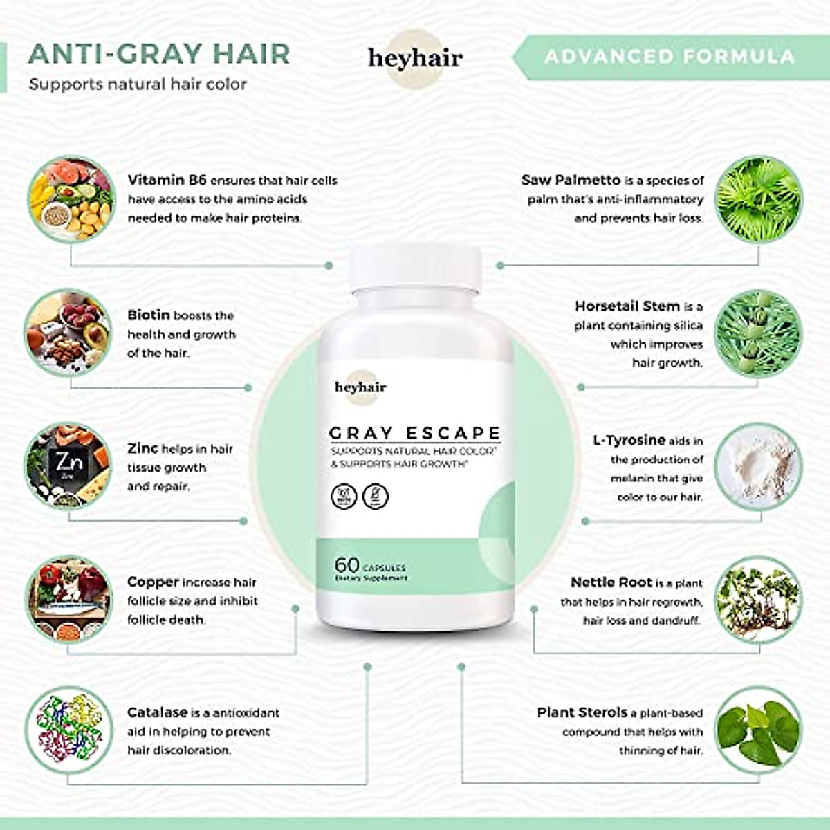 heyhair Gray Escape Advanced Anti Gray Hair Growth Supplement - Catalase, Saw Palmetto, Biotin, FoTi, PABA (2 Capsules per Day / 1 Month Supply)