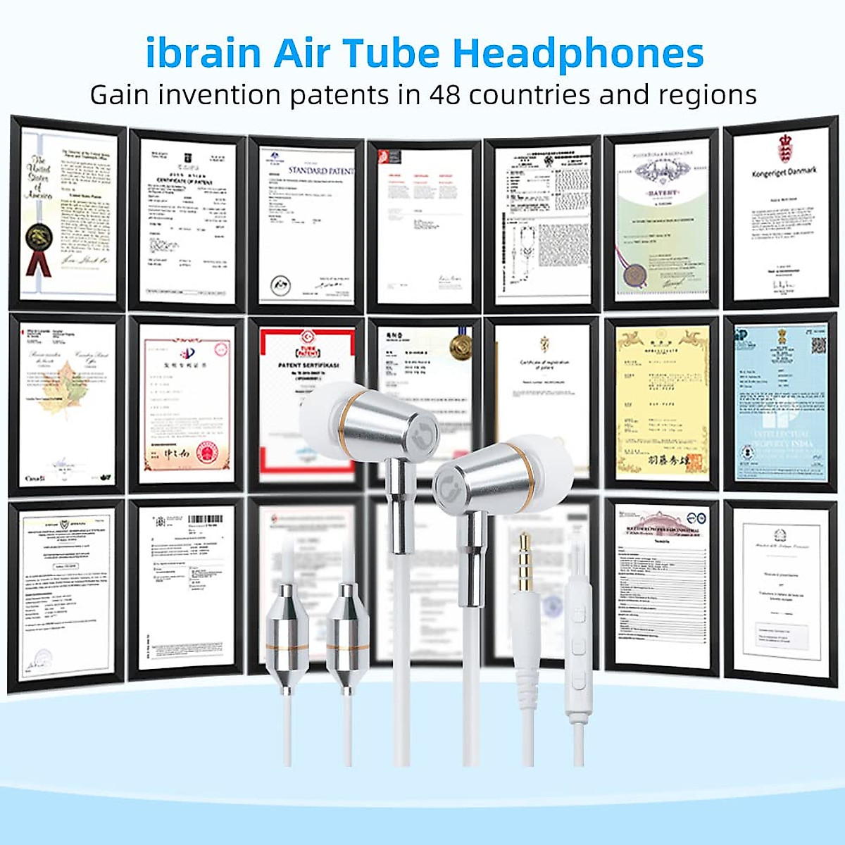ibrain Air Tube Headphones Air Tube Earbuds with Patented Technology Airtube Headset with Microphone & Volume Control Airtube Headphones for a Safe and Healthy Listening (White)