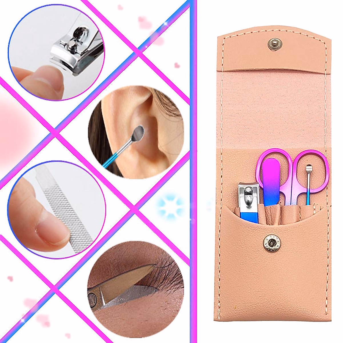 SHICEN Manicure Set, Professional Women Nail Clippers Kit 4PCS， Stainless Steel Nail Cutter Care Tools Professional Grooming Kits, PU Leather Travel Case （Colorful）