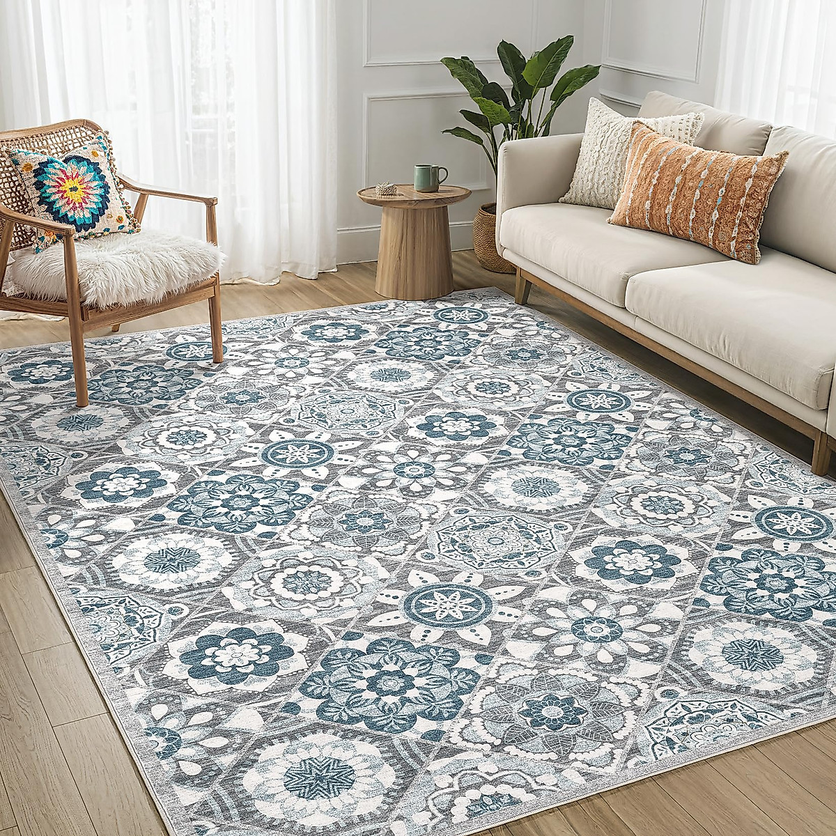 Micgeek 5X8 Area Rugs for Living Room - Washable Large Bohemian Low Pile Stain Resistant Floral Rug Soft Non Slip Neutral Indoor Floor Rugs for Bedroom Kitchen Dining Room Home Office,Grey/Blue