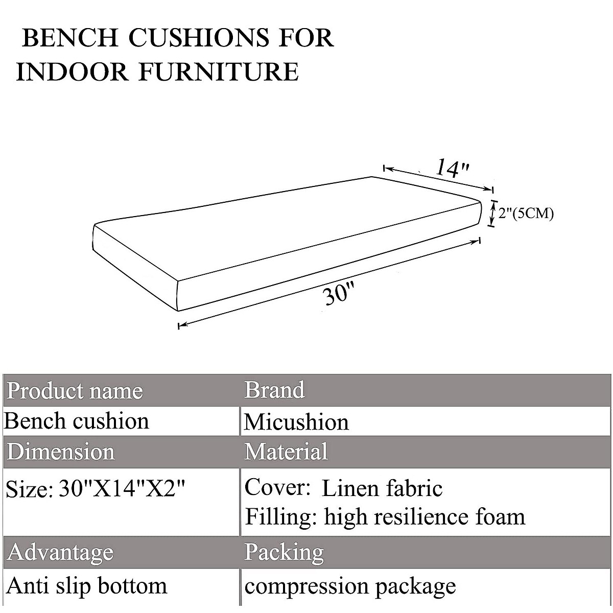 MICUSHION Piano Bench Cushion for Indoor Shoe Storage Non Slip Picnic Bench Pad for Kitchen Dining Table Seat 30 inch x 14, Light Brown