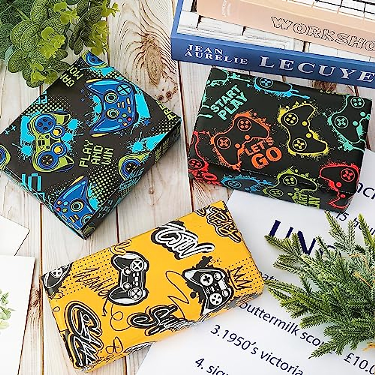 AnyDesign 12Pcs Gaming Wrapping Paper Colorful Video Game Gift Wrap Paper Bulk Folded Flat Gamepad Controller Art Paper for Birthday Baby Shower Theme Party DIY Crafts Gift Wrapping, 19.7 x 27.6 In