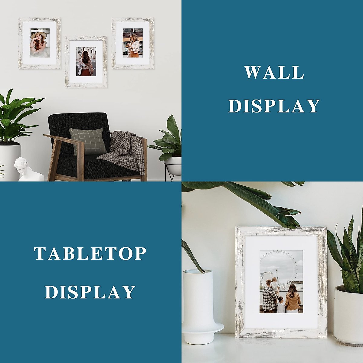 Hongkee 8x10 Picture Frame Set of 2, Made of Real Glass and Distressed White Wooden Frame - Display Picture 5x7 with Mat or 8x10 Without Mat, 8 by 10 Photo for Wall or Tabletop