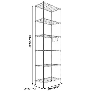 BATHWA 6-Tier Metal Wire Rack, Free Standing Shelving Unit, Adjustable Heavy Duty Storage Shelves for Kitchen Organization, with Leveling Feet and Stainless Side Hooks, Silver